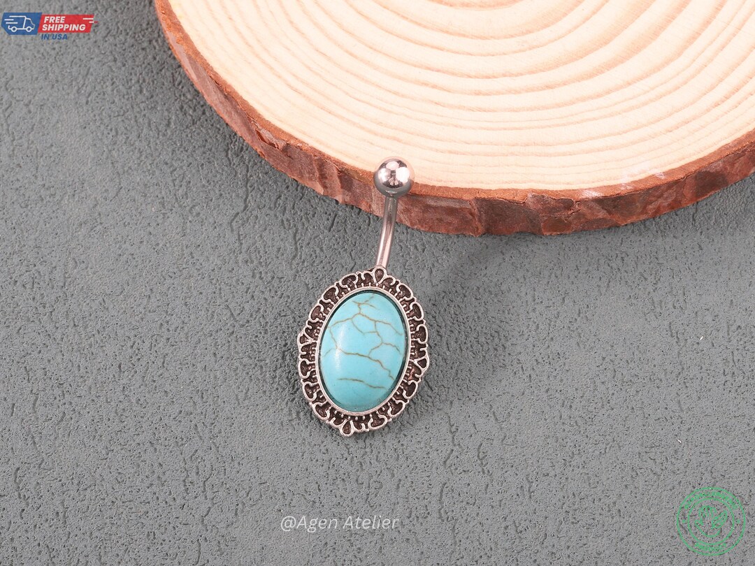 Turquoise Belly Button Ring: Bohemian Navel Piercing, Antique Silver - Etsy