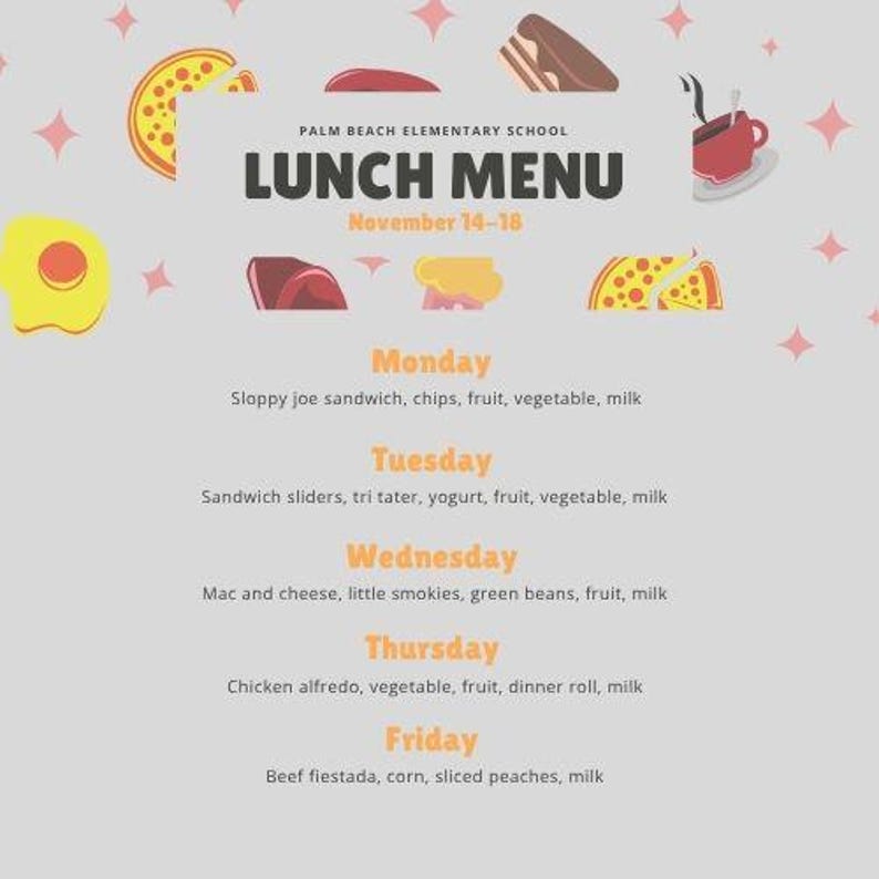 Editable School Lunch Menu Template | Weekly Food Planner | Printable ...
