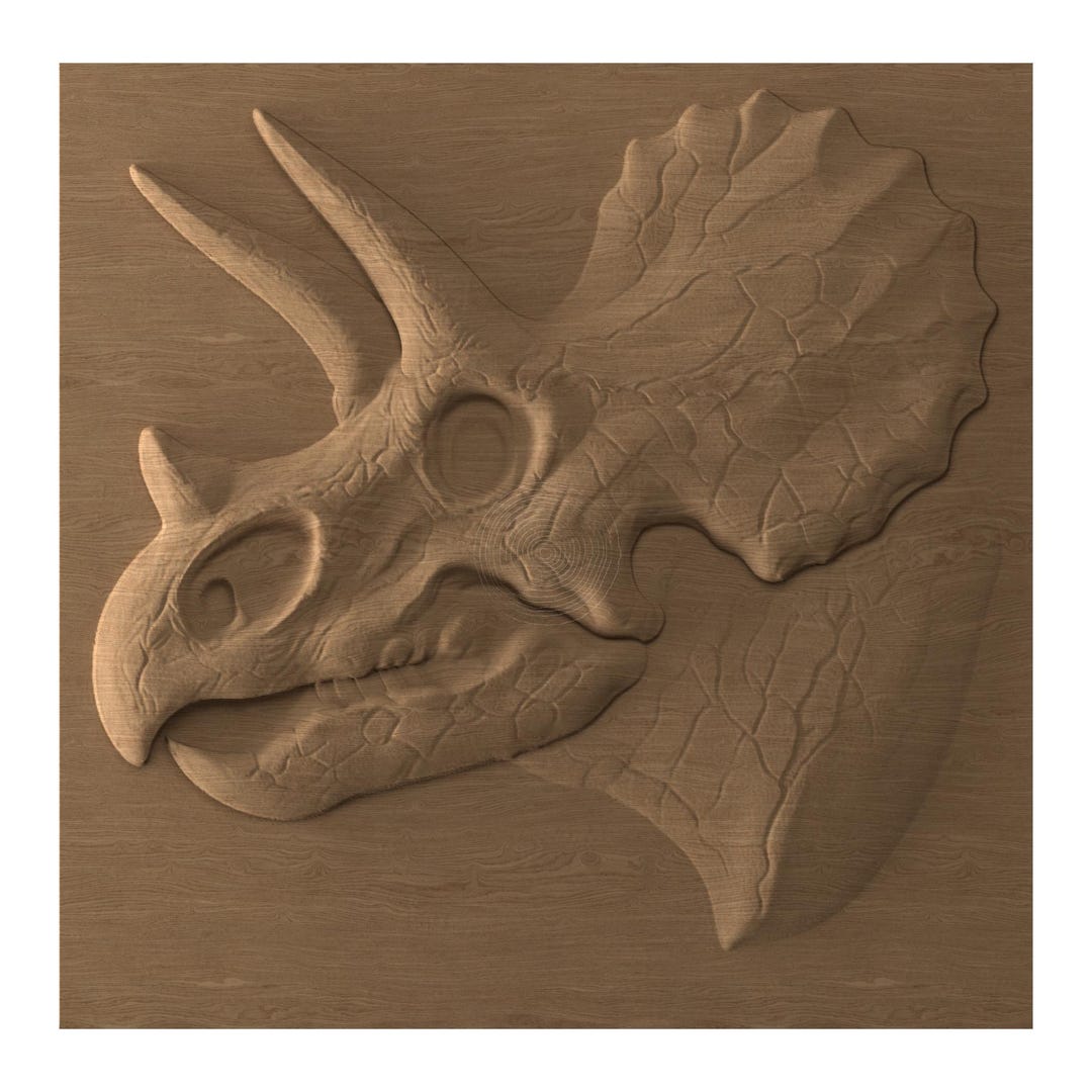 Triceratops Fossil CNC STL File, Dinosaur Skull Relief, Wood Carving ...