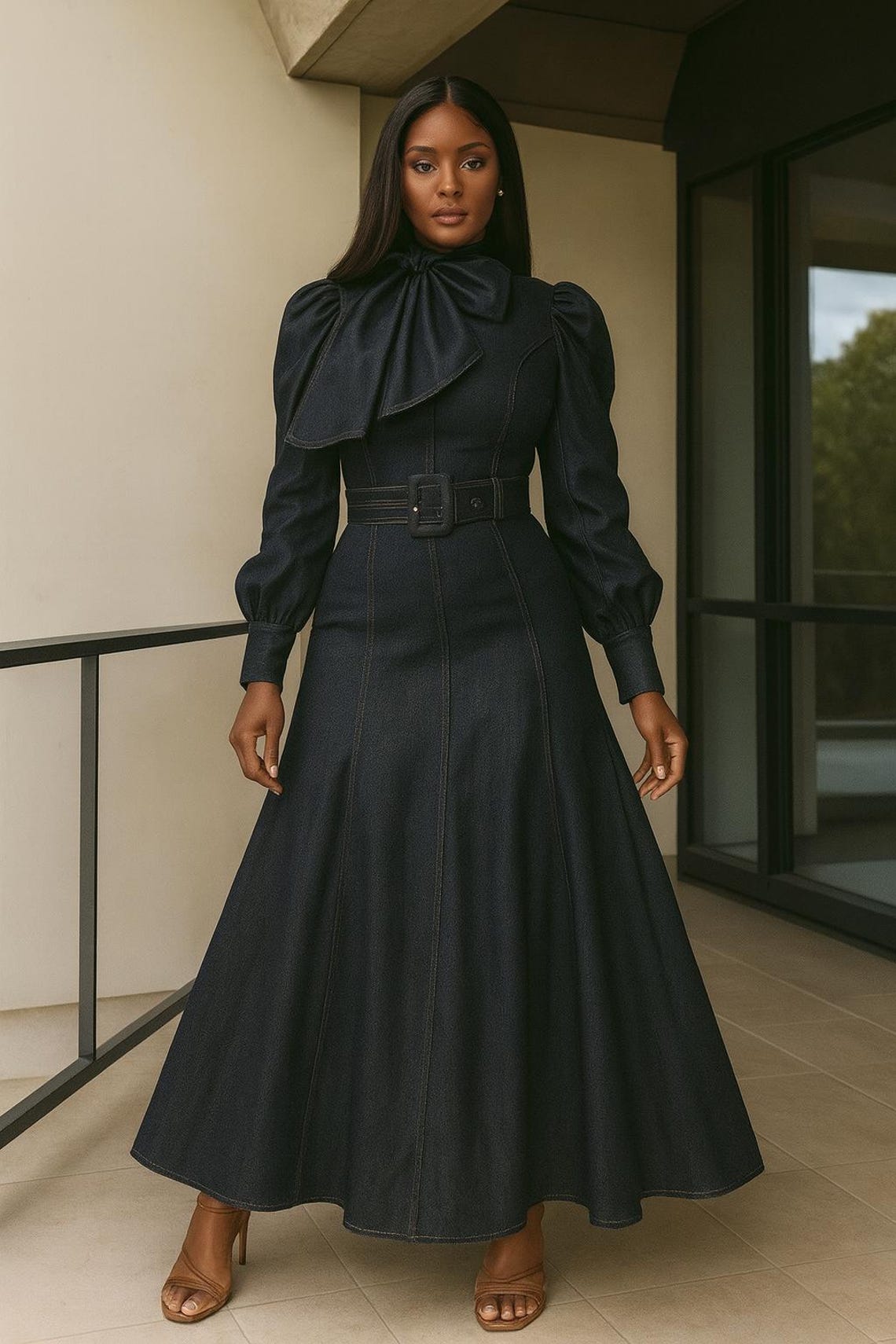Denim Elegance Bow-neck Maxi Dress - Etsy
