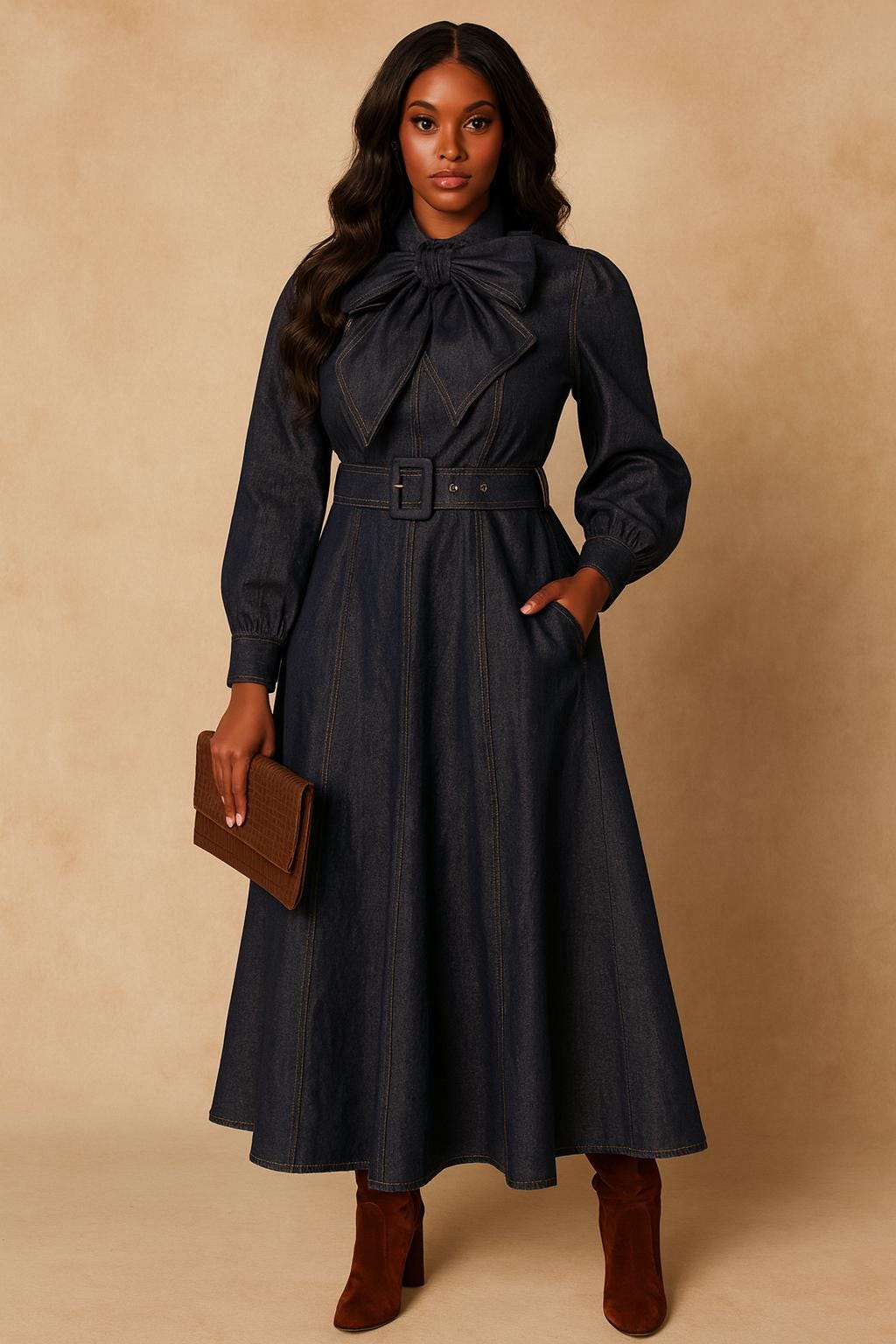 Denim Elegance Bow-neck Maxi Dress - Etsy
