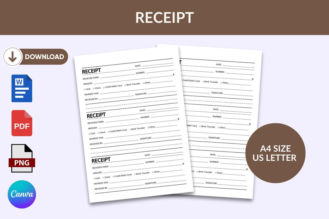 Printable Business Receipt Template: Editable Payment Form (PDF, Word ...