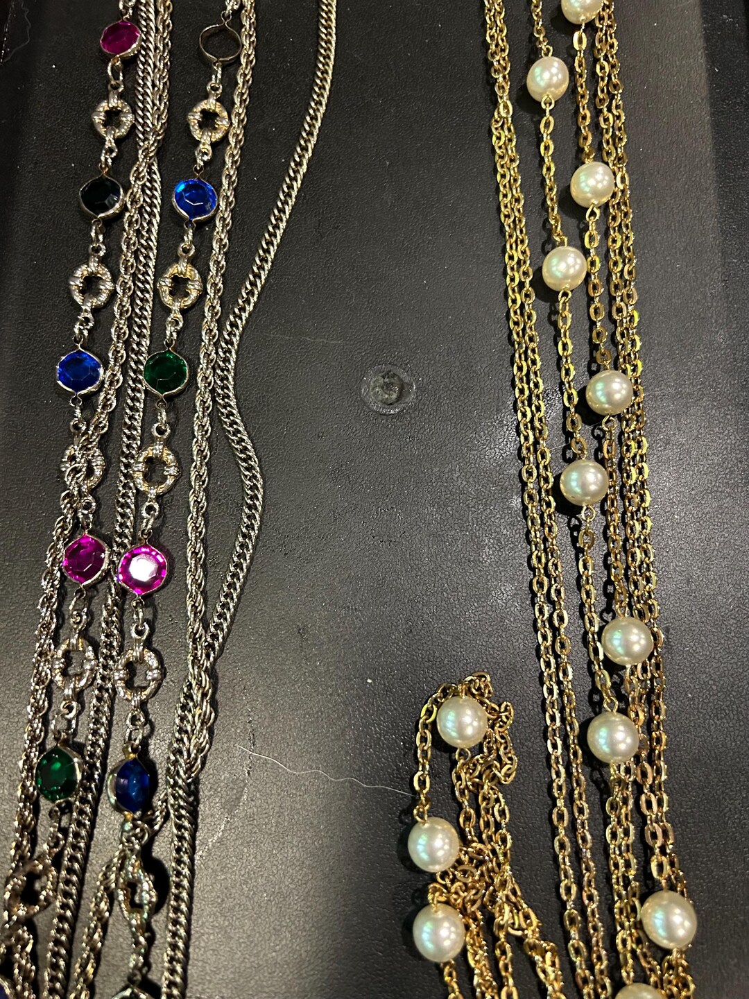 1980s 2 Triple-strand Necklaces, 1 Pearl and Gold, 1 Antique Silver ...
