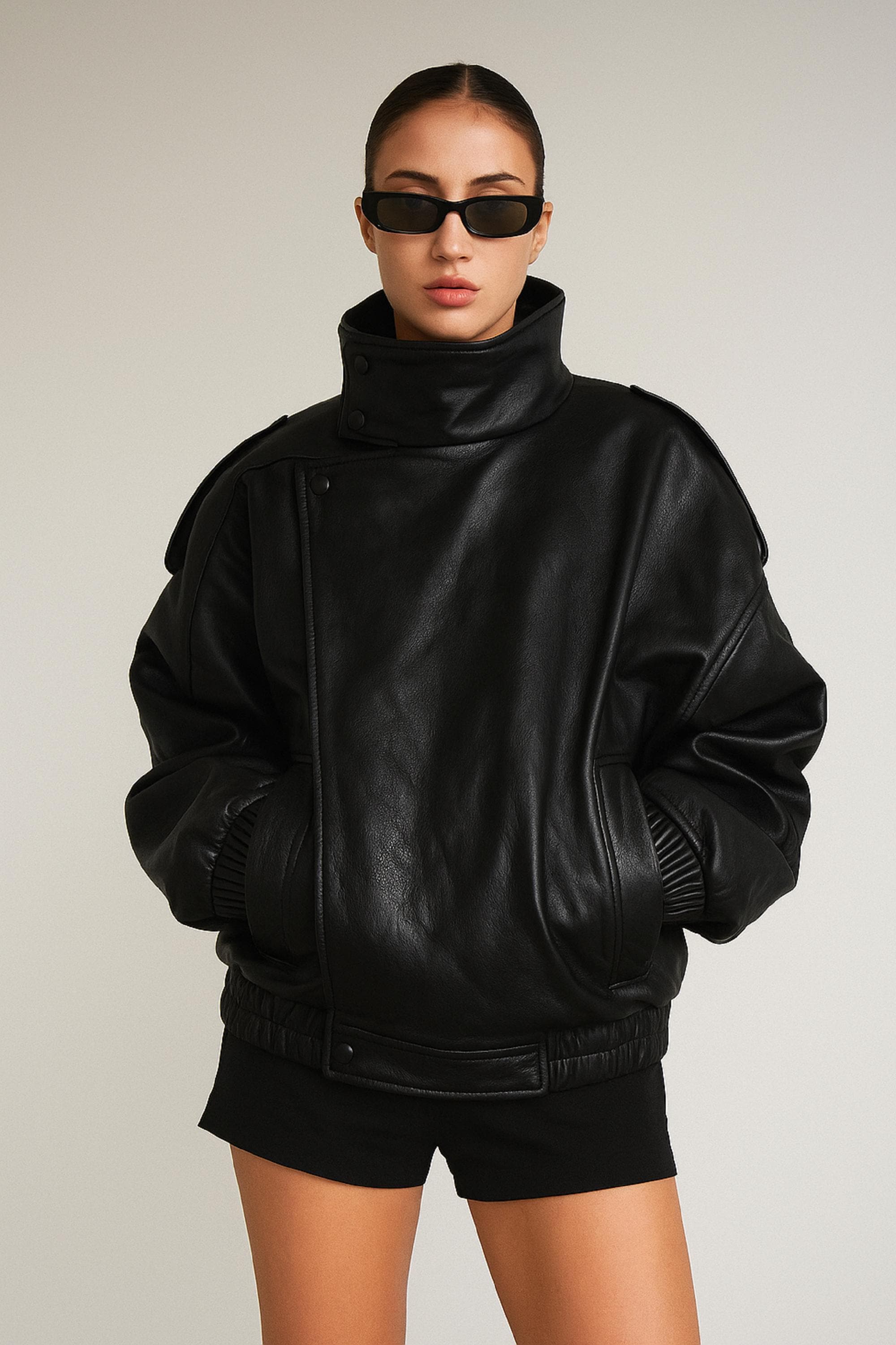 Oversized Faux Leather Bomber Jacket: Funnel Collar, Asymmetrical - Etsy