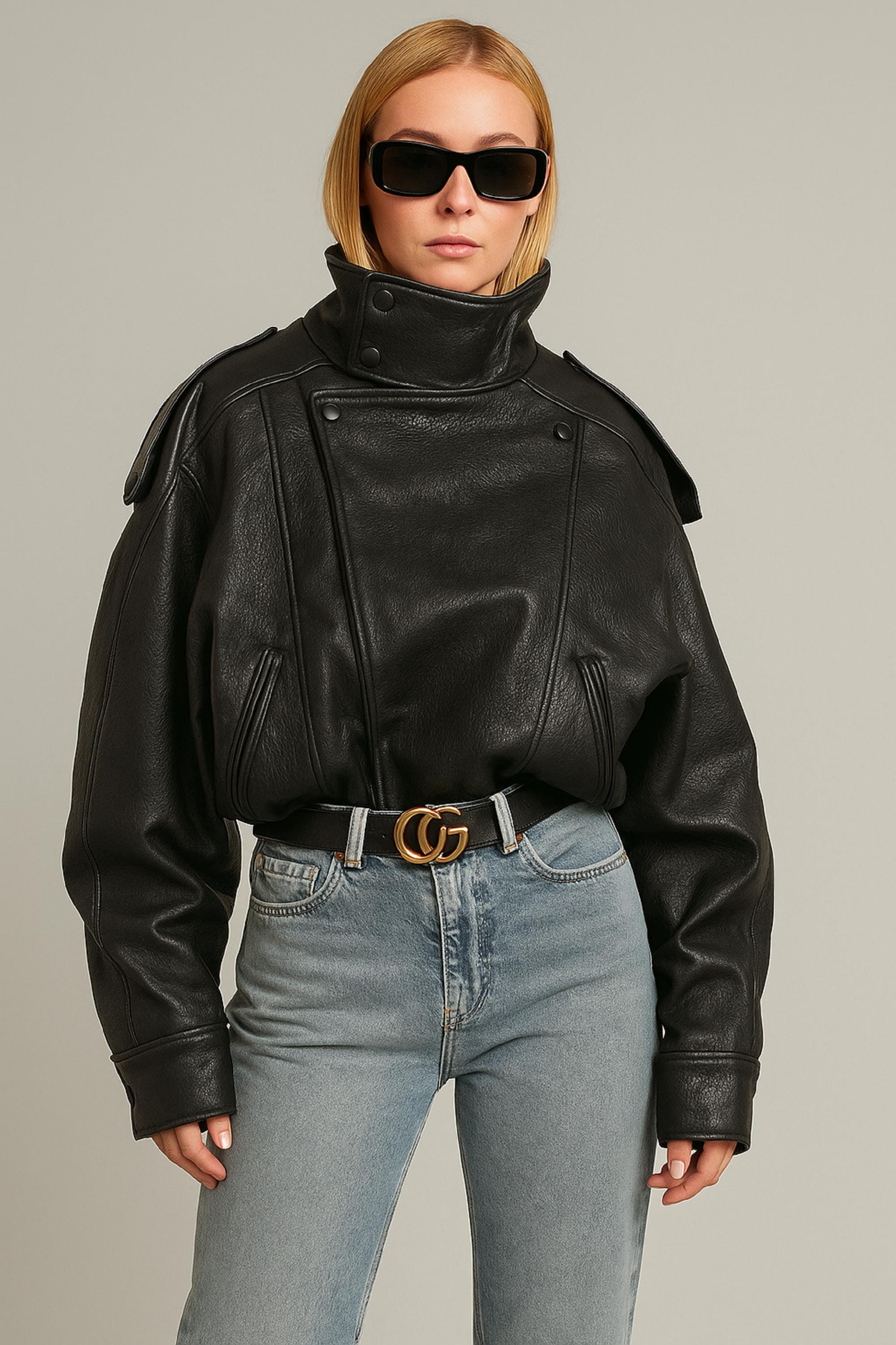 Oversized Faux Leather Bomber Jacket: Funnel Collar, Asymmetrical - Etsy