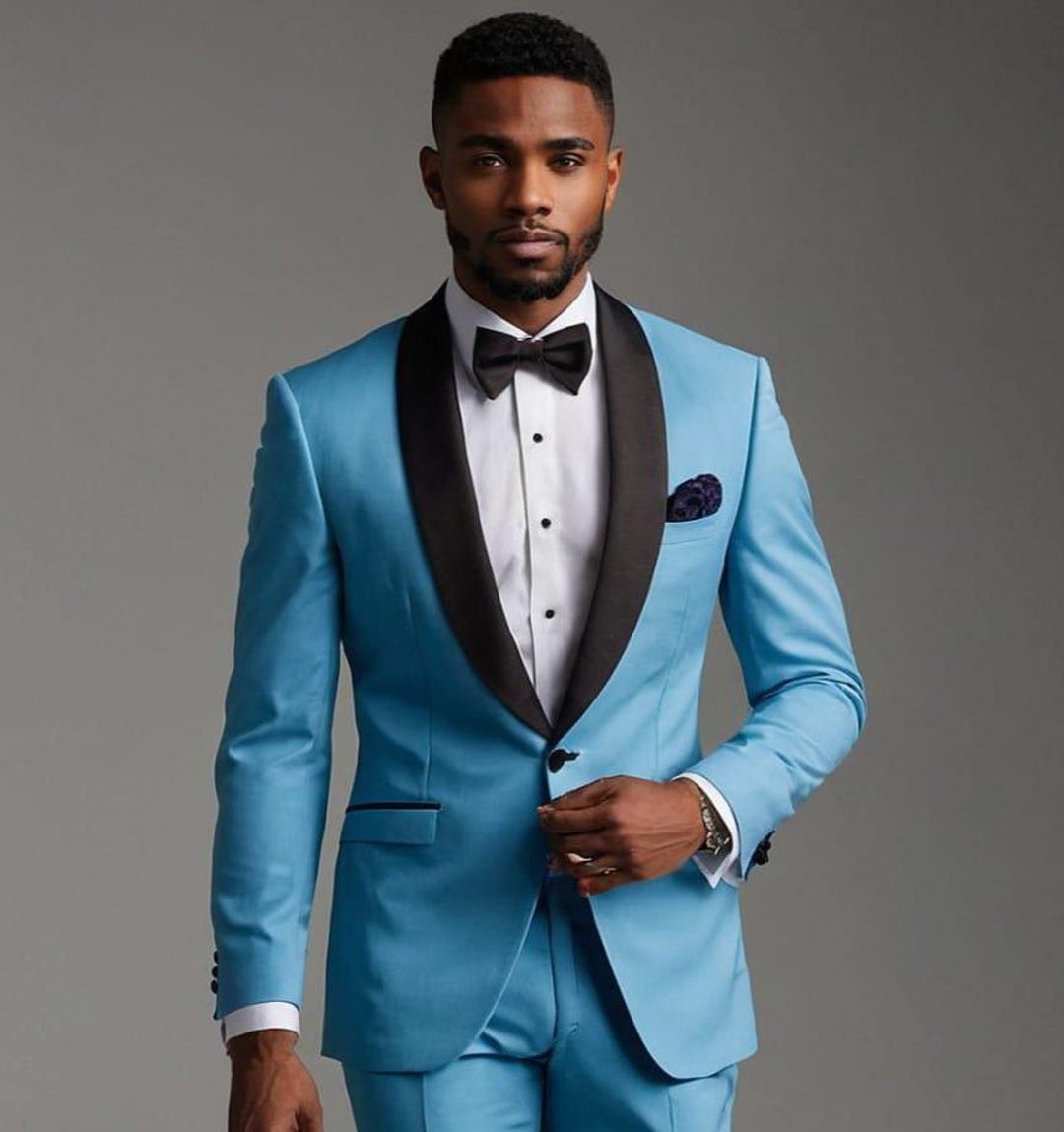 Light Blue Tuxedo Suit – Slim Fit, Black Shawl Lapel Wedding Outfit - Etsy