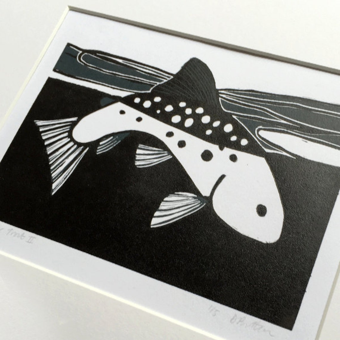 Summer Trout (II) : Two Colour Linocut, Trout & Fly Fishing, Small ...
