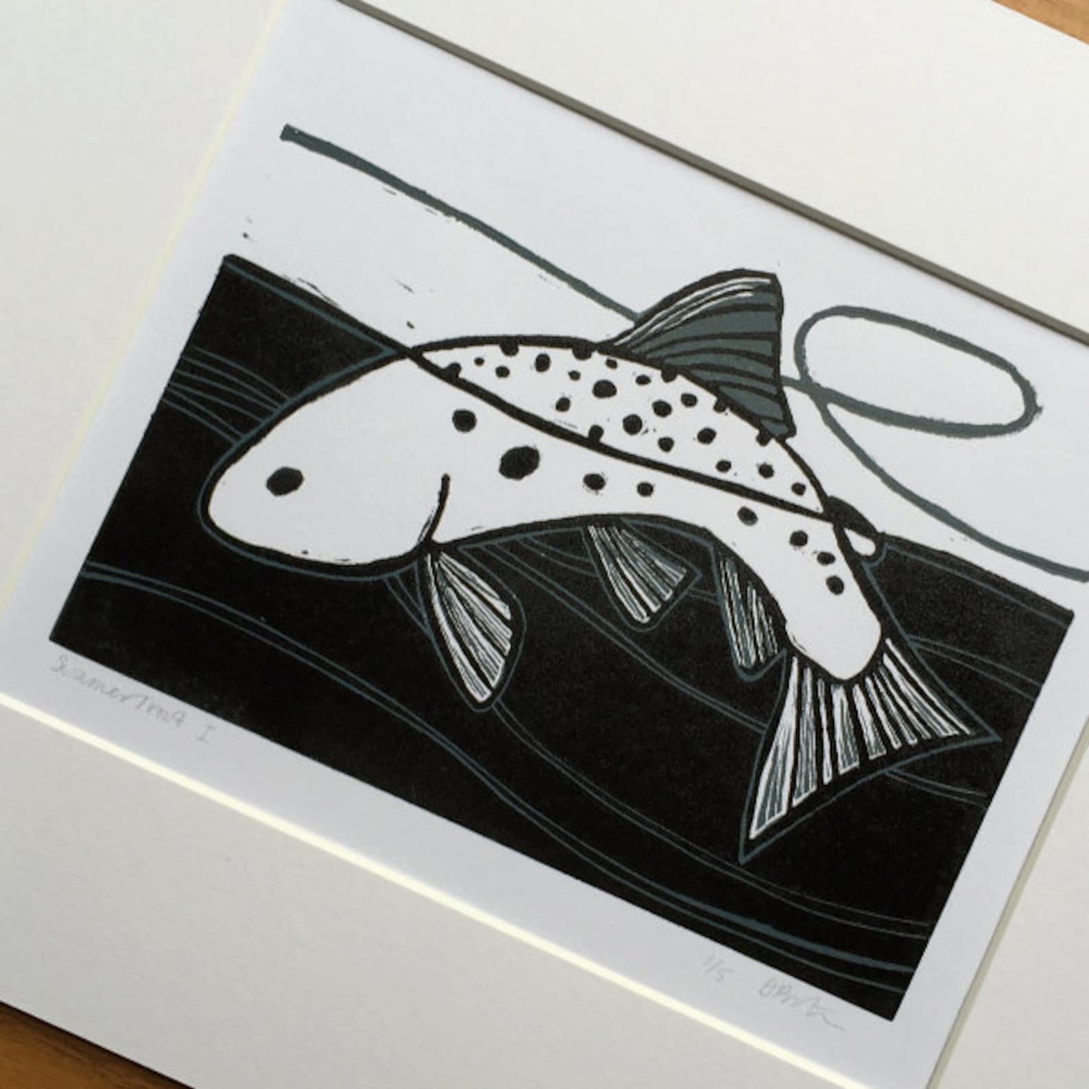 Summer Trout (I) : Two Colour Linocut, Trout & Fly Fishing, Small ...