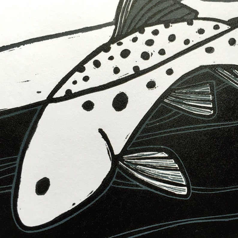 Summer Trout (I) : Two Colour Linocut, Trout & Fly Fishing, Small ...