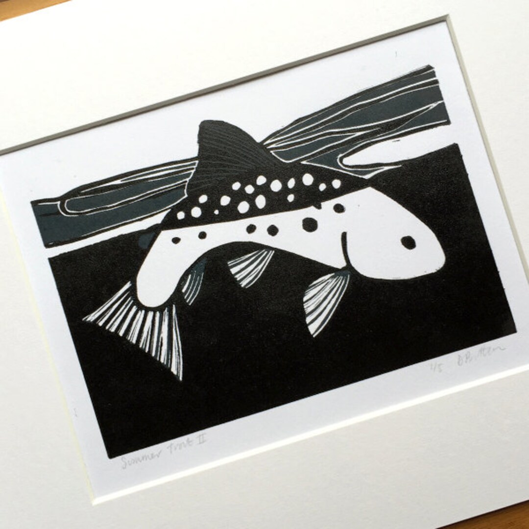 Summer Trout (II) : Two Colour Linocut, Trout & Fly Fishing, Small ...