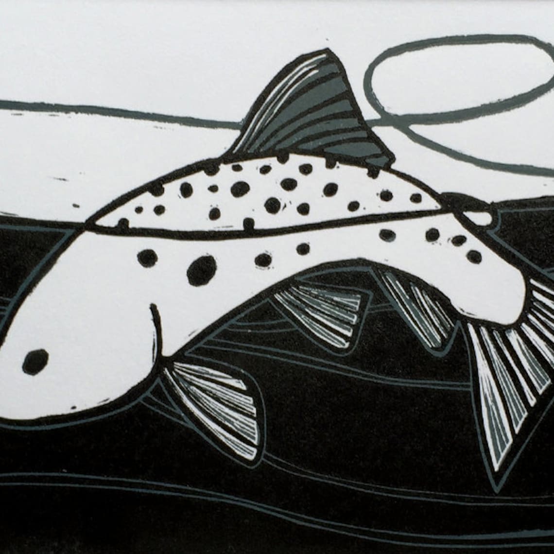 Summer Trout (I) : Two Colour Linocut, Trout & Fly Fishing, Small ...