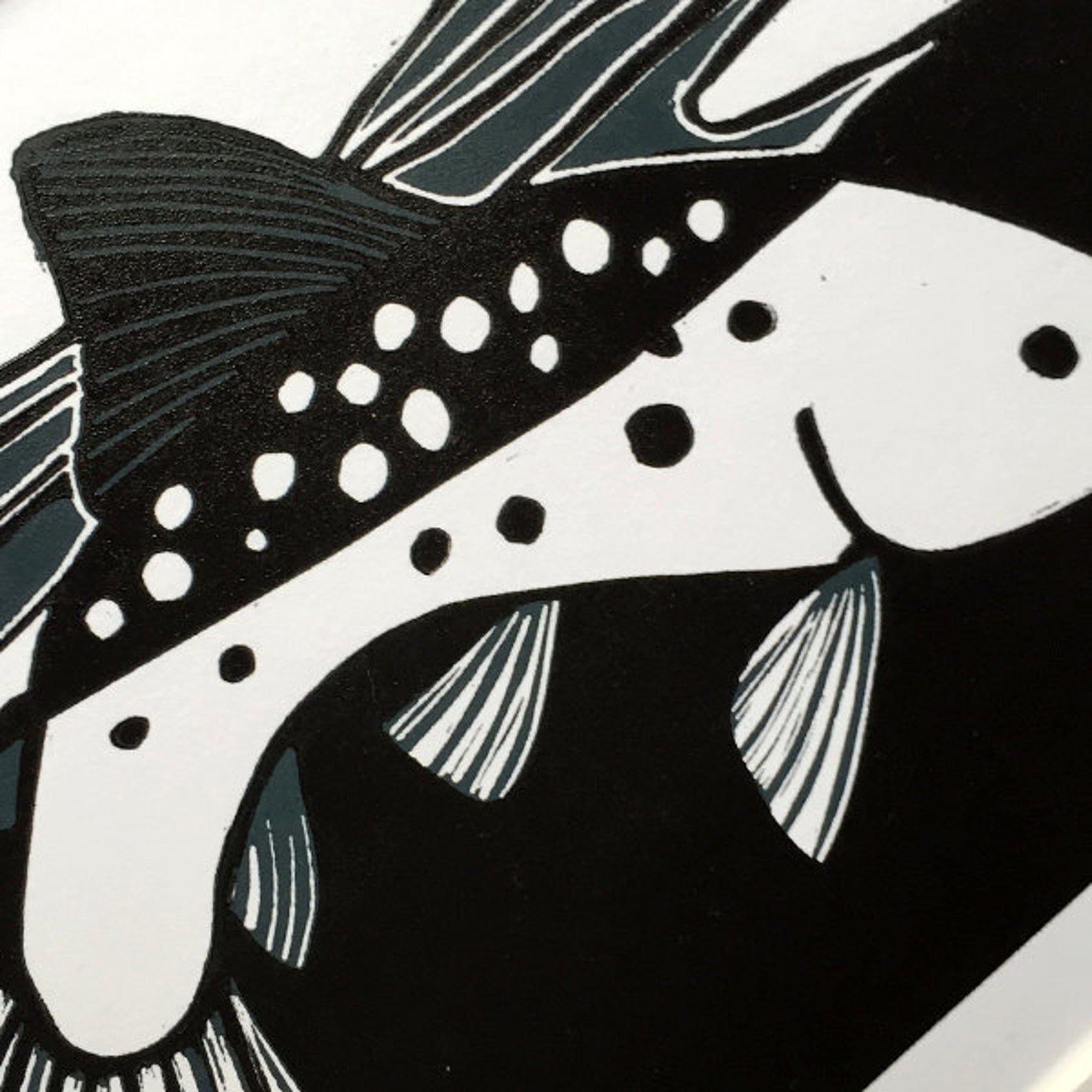 Summer Trout (II) : Two Colour Linocut, Trout & Fly Fishing, Small ...