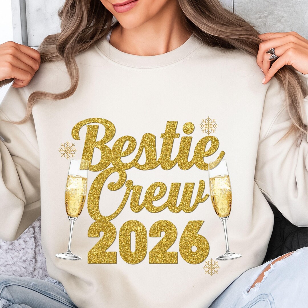Bestie Crew 2026 PNG, Gold Glitter New Year Design, Champagne Glasses ...