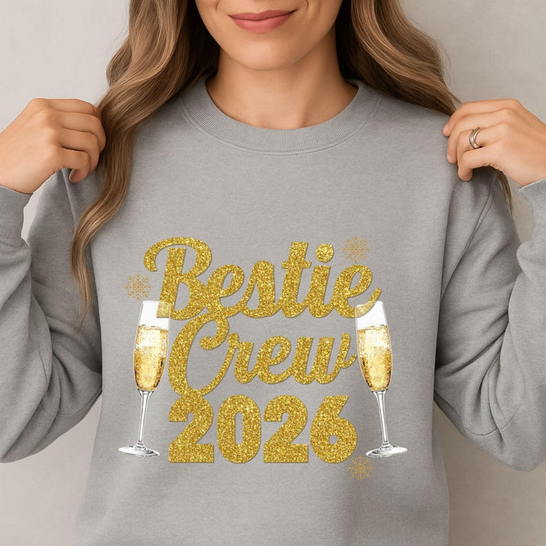 Bestie Crew 2026 PNG, Gold Glitter New Year Design, Champagne Glasses ...