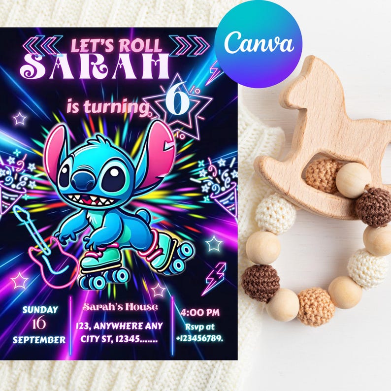 Stitch Roller Skate Birthday Party Invitation: Lilo & Angel (digital ...