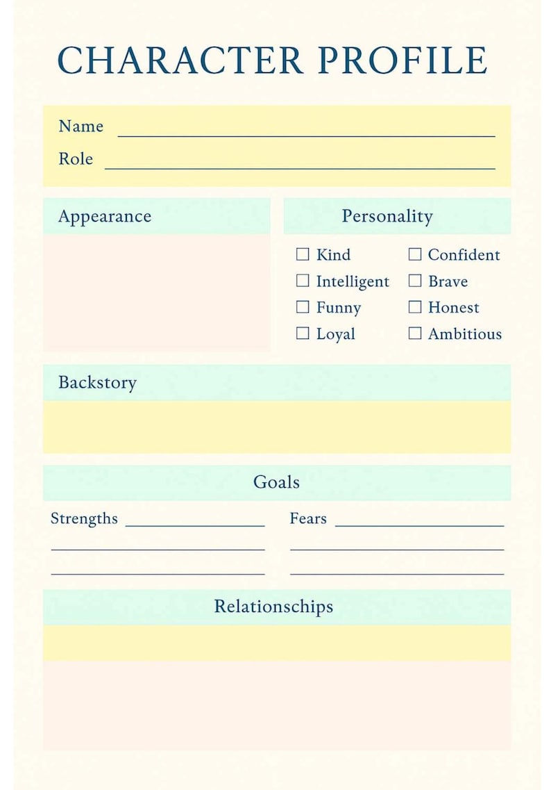 Character Profile Template | Printable PDF - Etsy