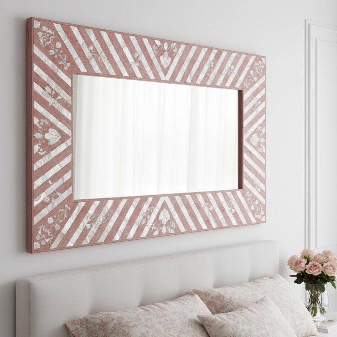 Pink Mother of Pearl Inlay Mirror | Floral Striped MOP Mirror | Luxury ...