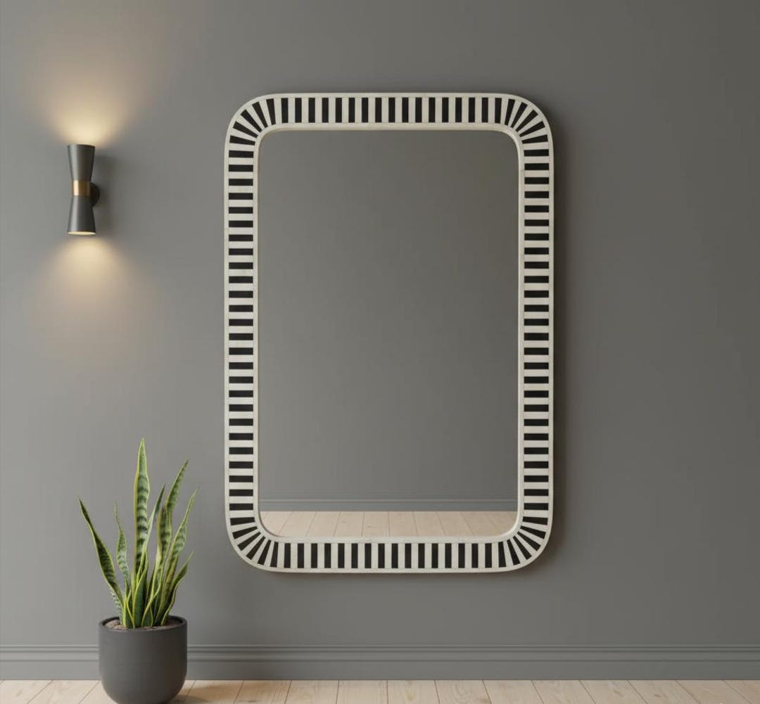 Bone Inlay Mirror | Black & White Striped Mirror | Handmade Luxury Wall ...