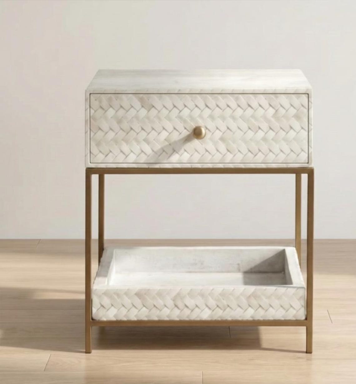 White Bone Inlay Nightstand – Golden Frame, Storage Shelf, Modern ...