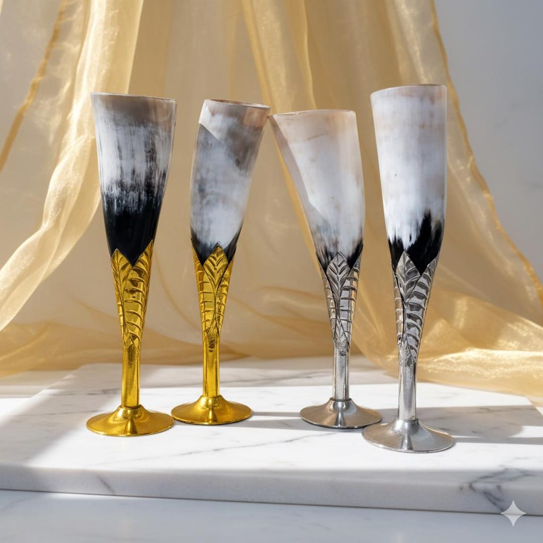 Handcrafted Horn Champagne Flutes With Brass Leaf Base - Etsy