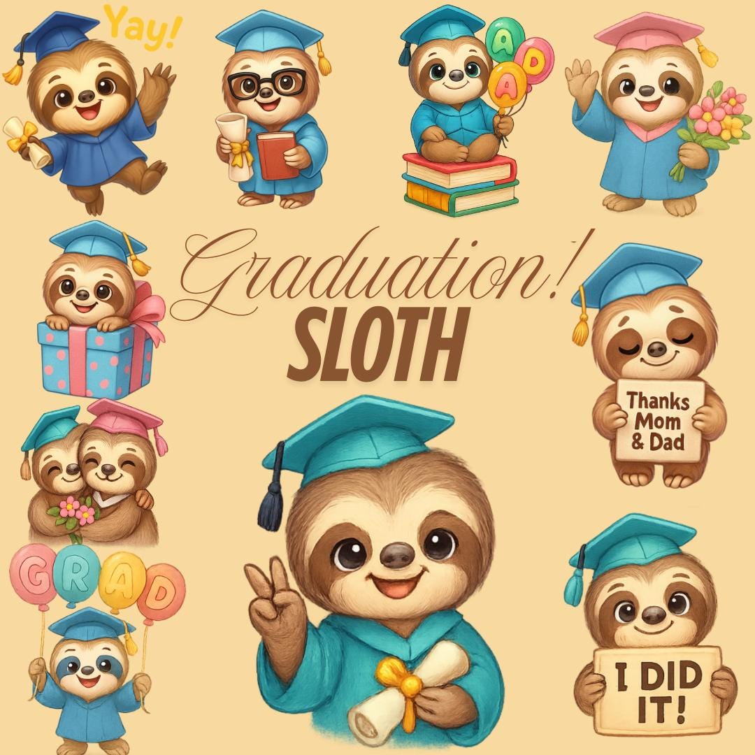Graduation Sloth Clipart Bundle: 20 PNG Illustrations, Transparent ...