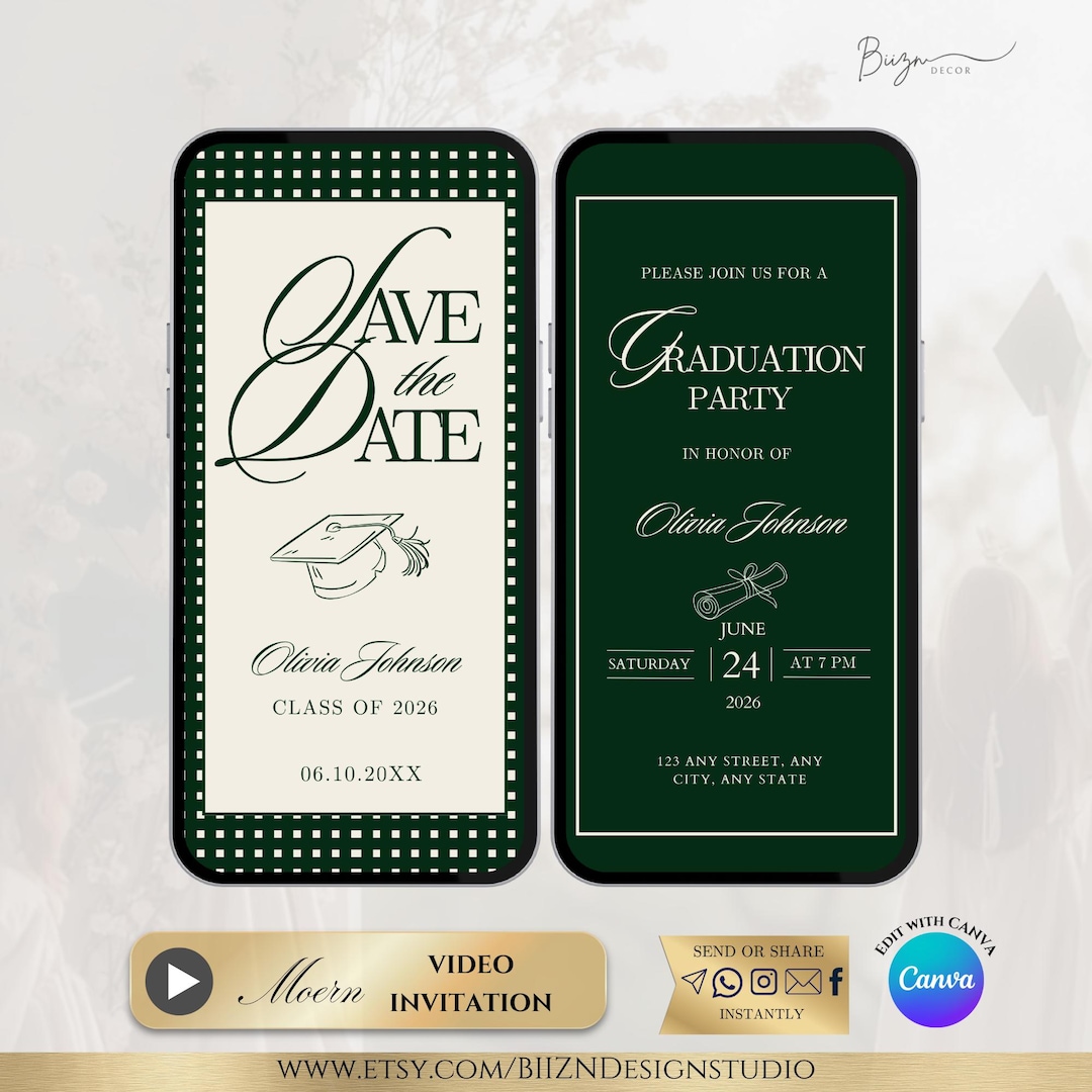 Elegant Green Graduation Invitation, Modern Script (digital Download ...
