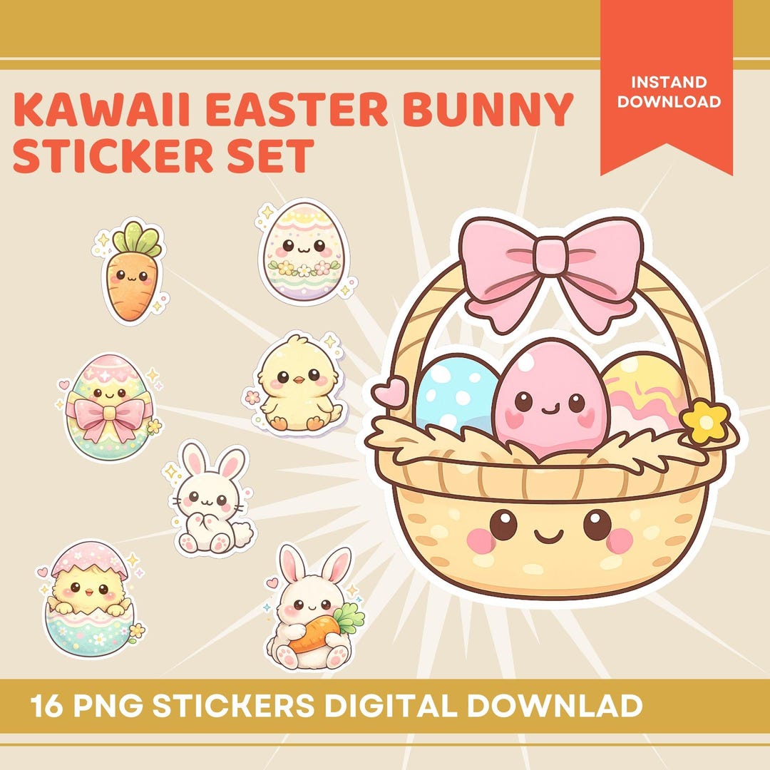 Kawaii Easter Bunny Stickers PNG Set 16 Cute Spring Digital Download ...