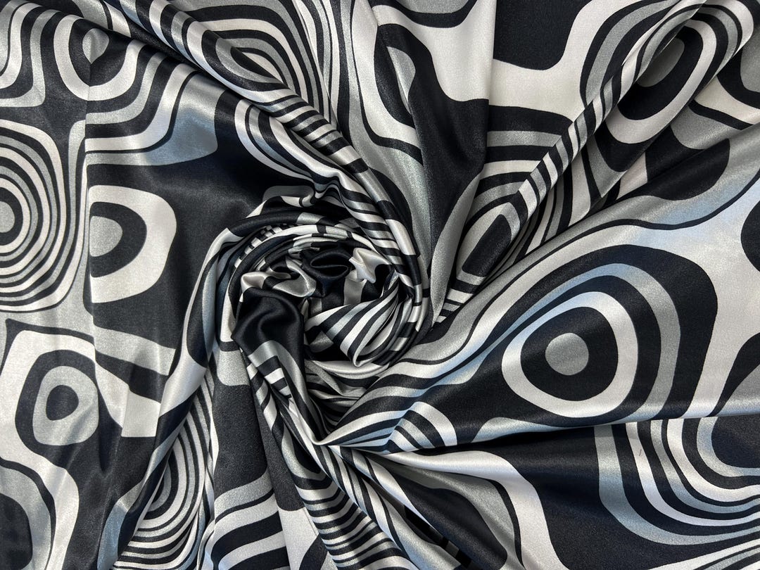 Monochrome Op Art Swirl Satin Fabric - Black White Psychedelic Print - Etsy