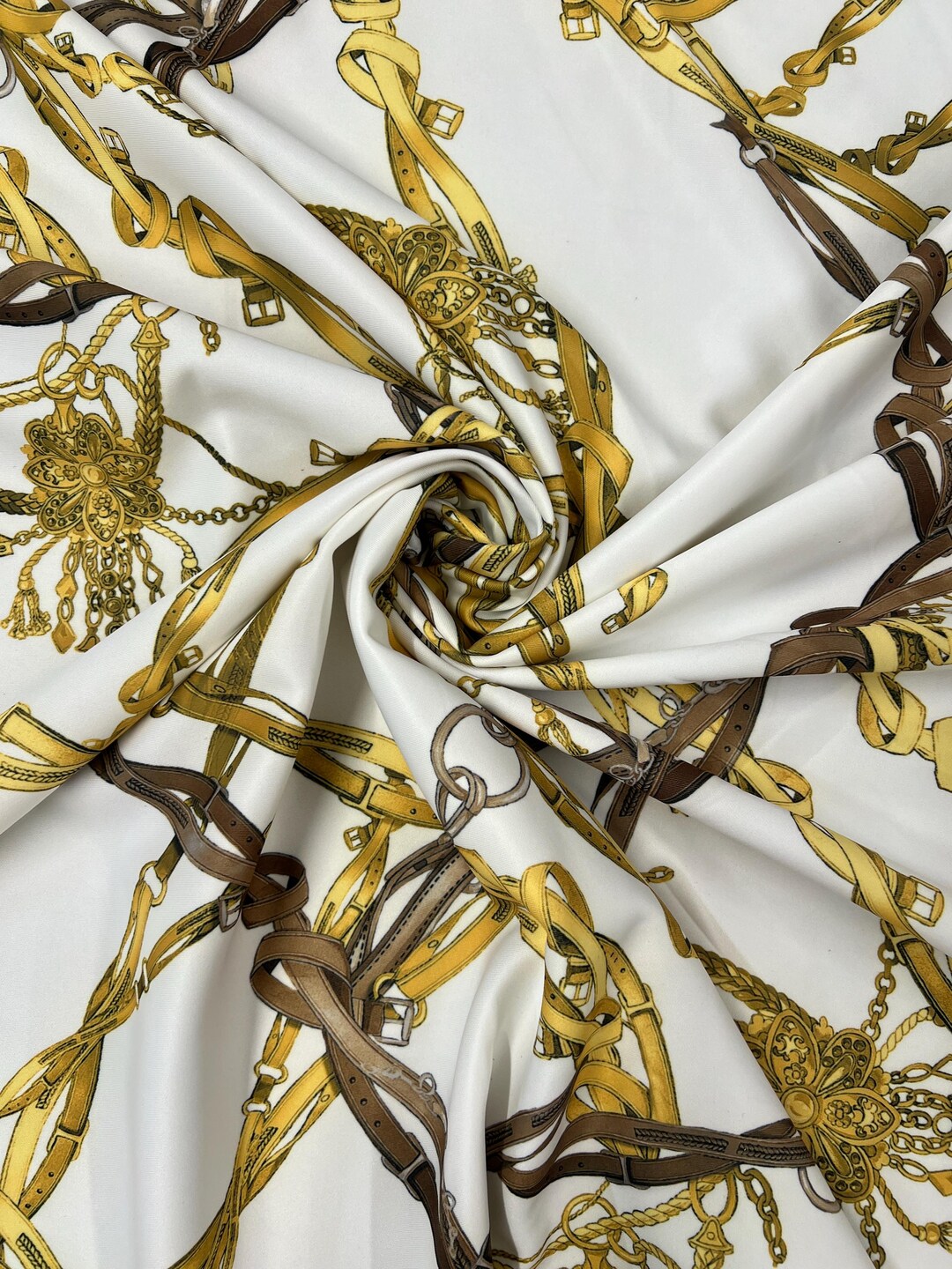Gold Chain Print Fabric by the Yard / Metre – White Designer Scarf ...