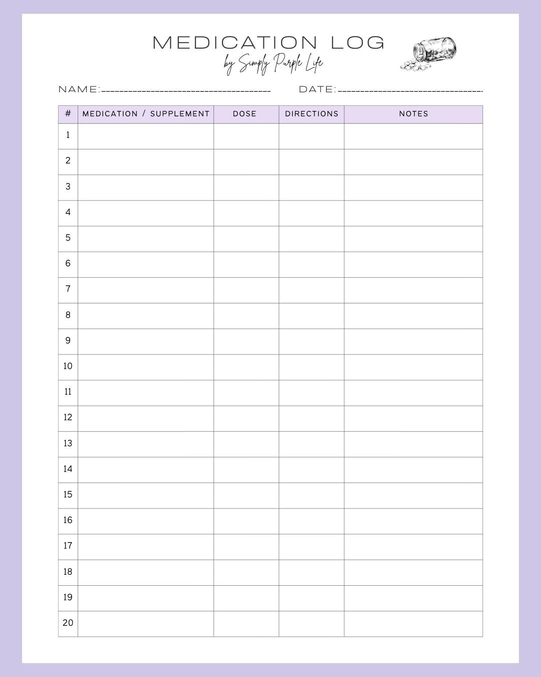Medication Log Printable / Medicine Tracker Sheet / Digital Health ...
