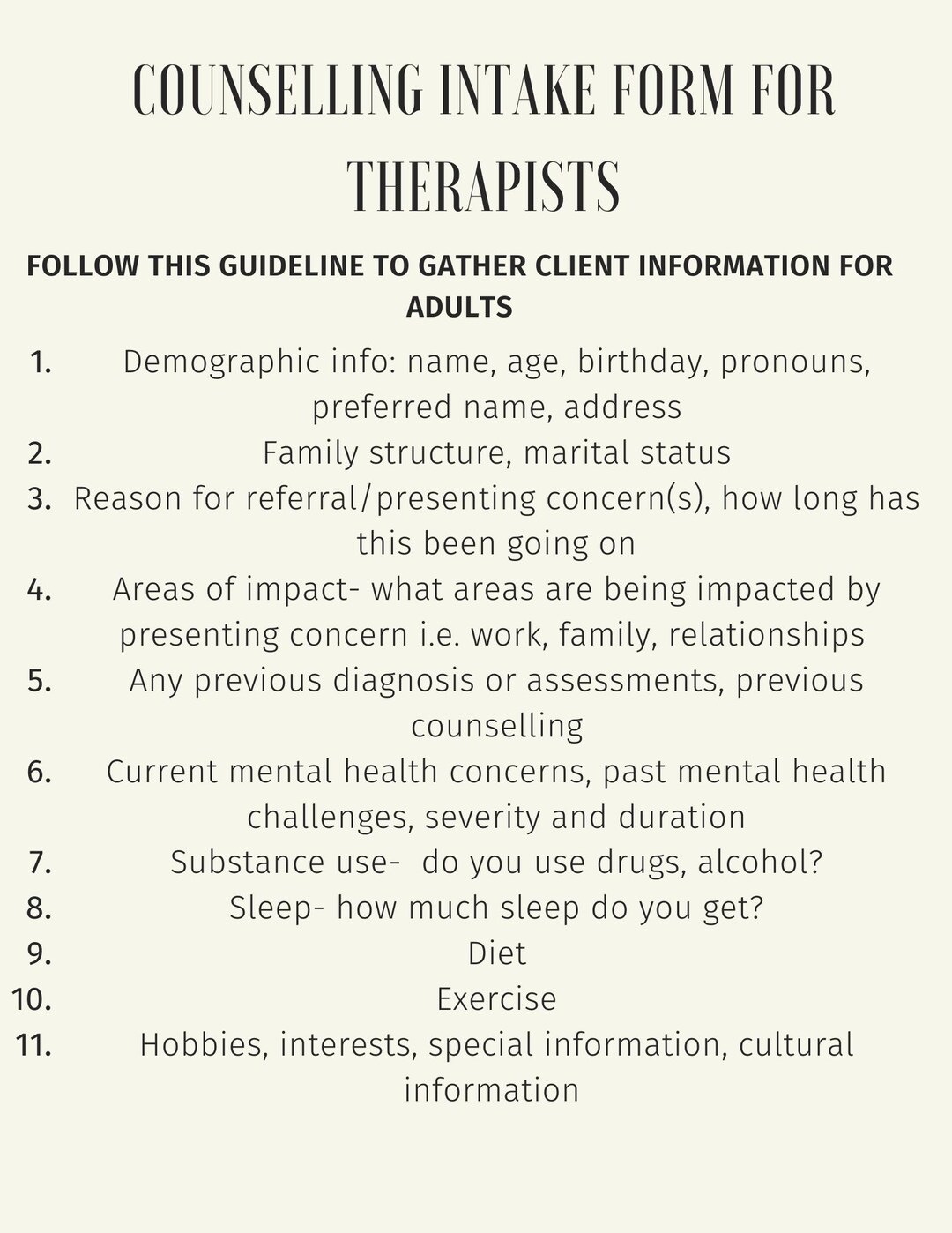 Therapist Intake Form (adults)- Downloadable Template - Etsy