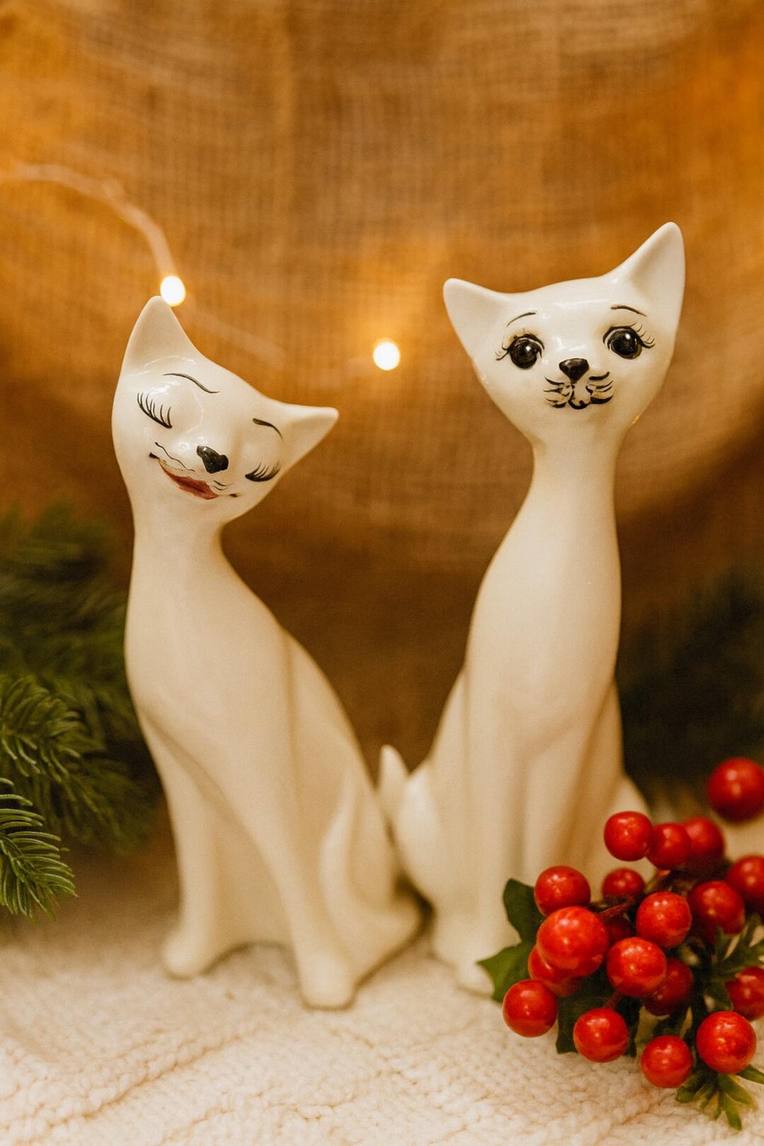 Vintage Mid-century Long-neck Cat Figurines – White Ceramic Pair ...