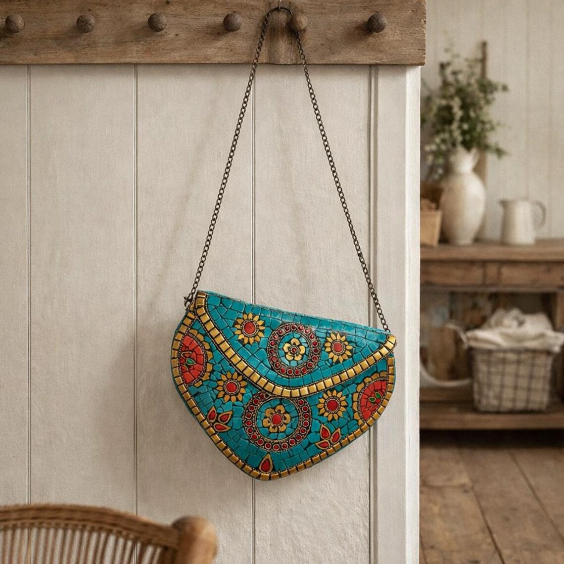 Mosaic Clutch: Turquoise & Red Stone Inlay, Boho Crossbody Purse - Etsy