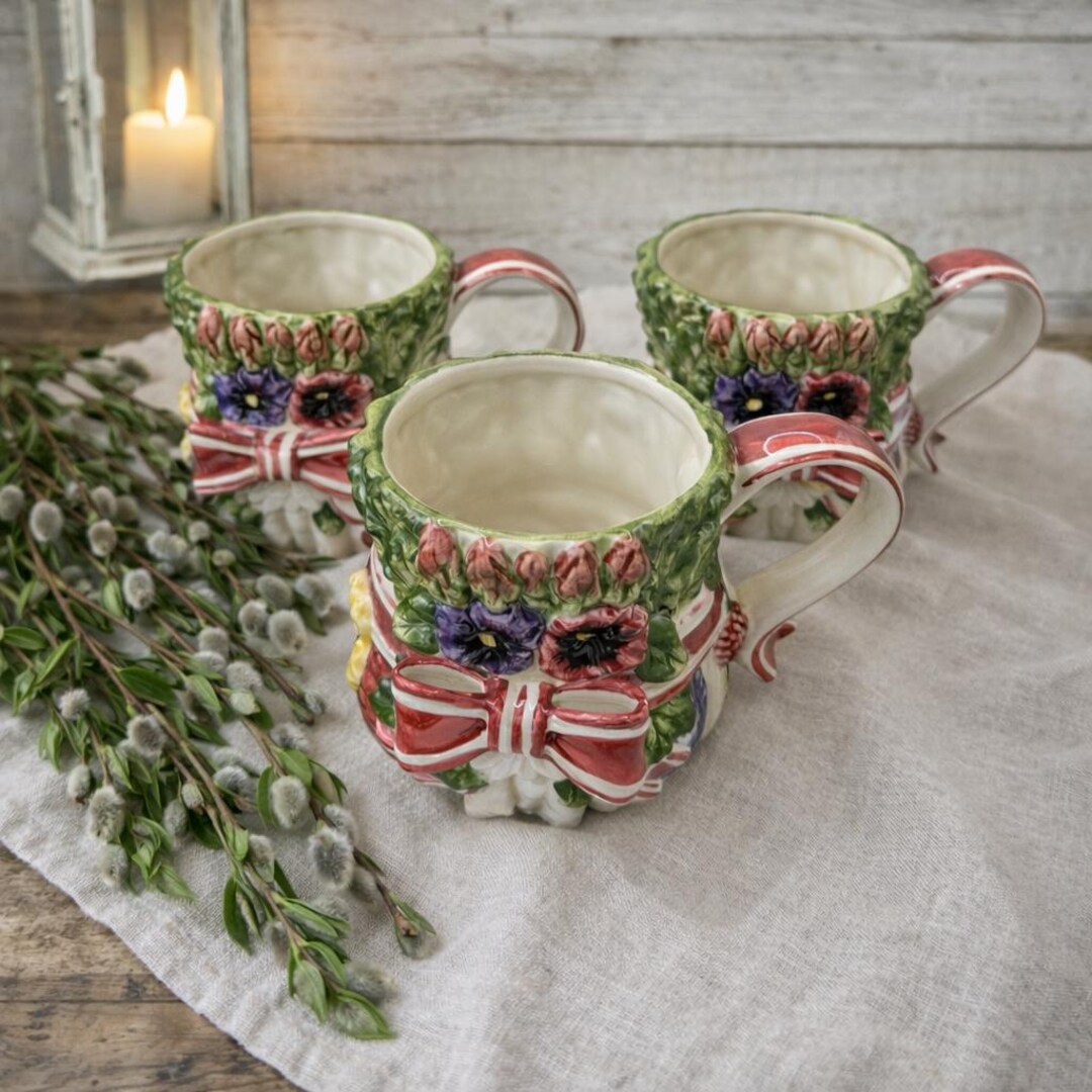 Embossed Floral DEBCO Mugs Set – Vintage Pansy & Tulip Ceramic Cups - Etsy