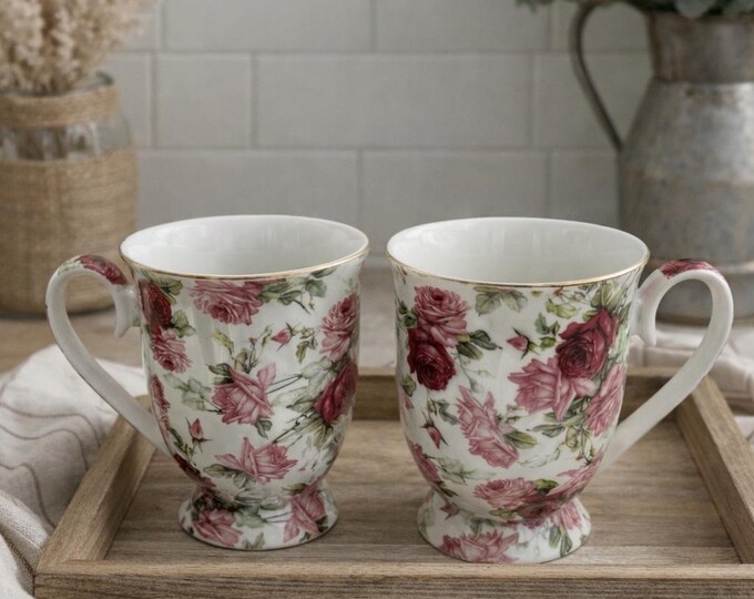 Rose Floral Footed Mugs – Set of 2 Gold Trim Chintz Porcelain Tea Cups ...
