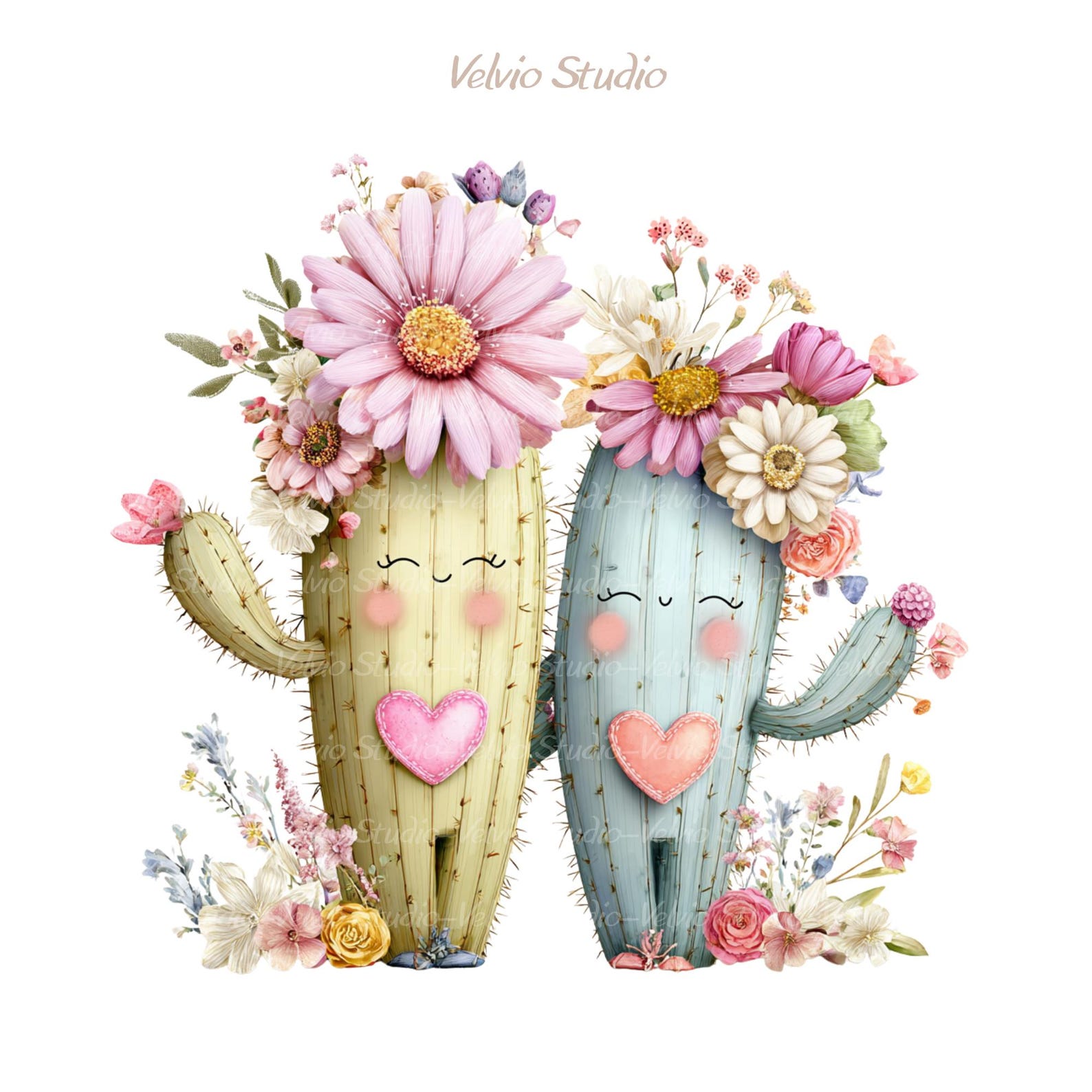 Valentine Cactus Couples Clipart: Floral Illustrations, 16 PNG & JPG ...