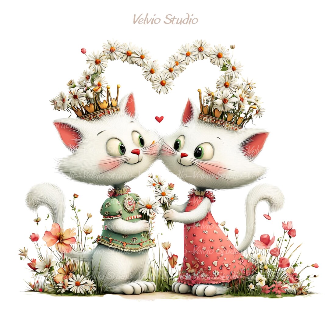 Floral Cat Couple Clipart: Whimsical Illustrations, 35 PNG & JPG Files ...