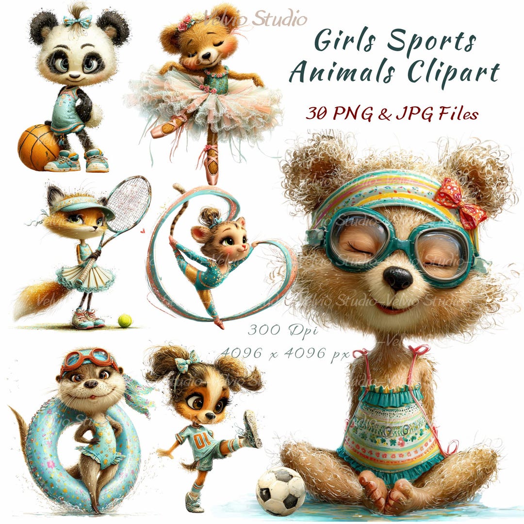 Girls Sports Animals Clipart Set: 30 PNG & JPG Files (digital Printable ...