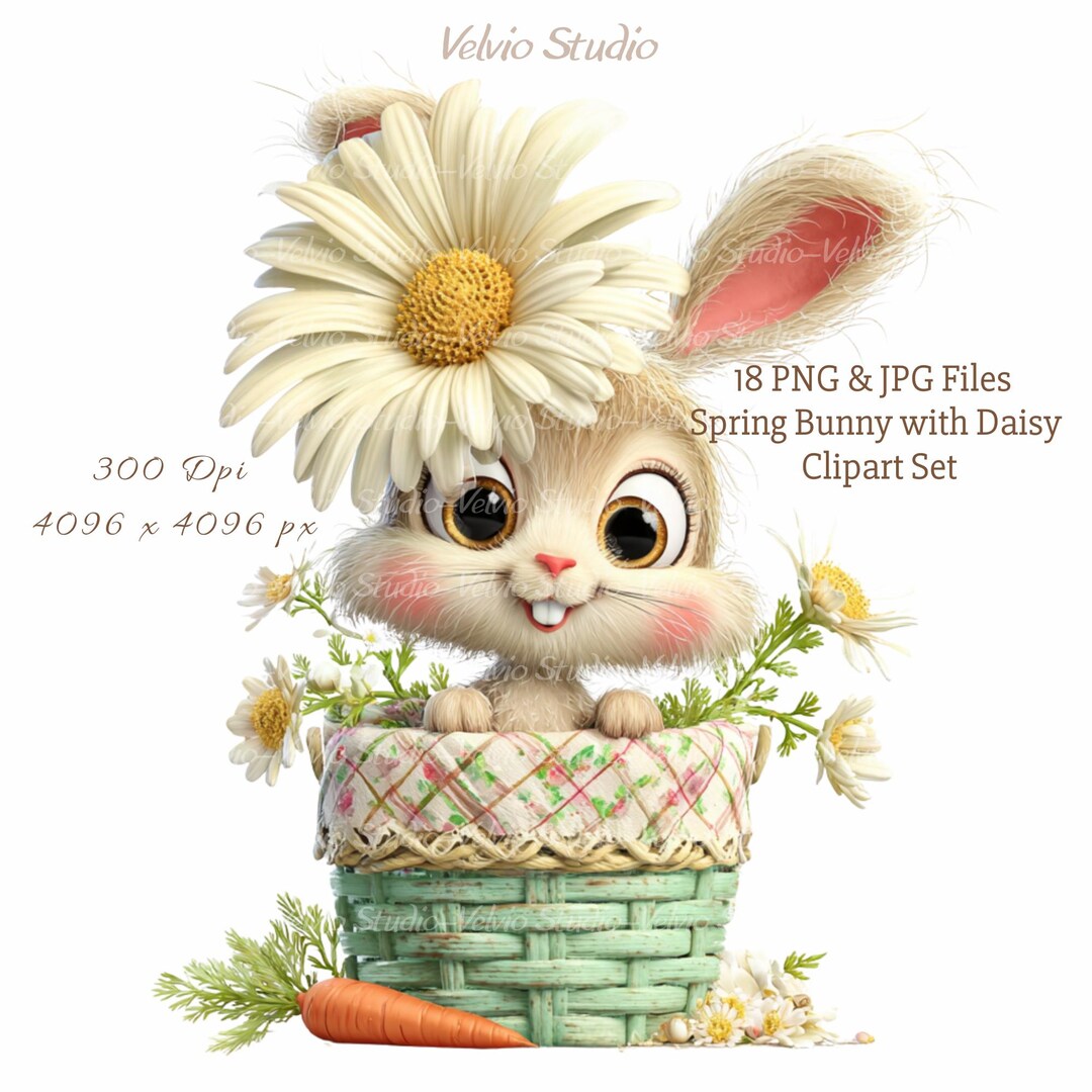 Spring Bunny With Daisy Clipart Set: 18 PNG & JPG Files (digital ...