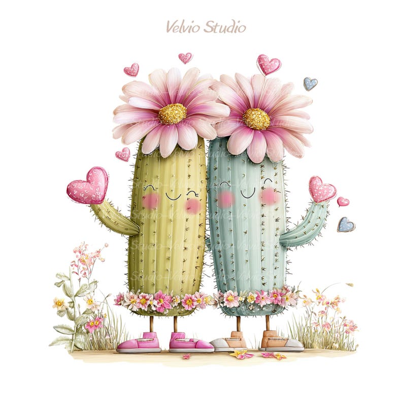 Valentine Cactus Couples Clipart: Floral Illustrations, 16 PNG & JPG ...
