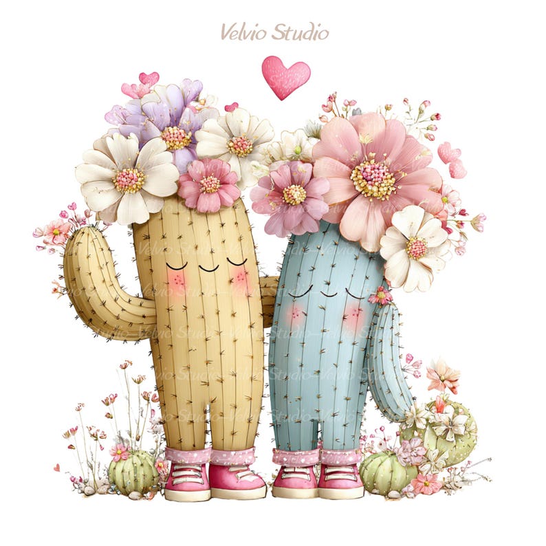 Valentine Cactus Couples Clipart: Floral Illustrations, 16 PNG & JPG ...