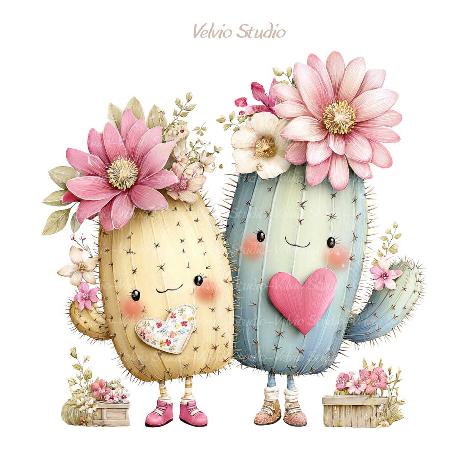 Valentine Cactus Couples Clipart: Floral Illustrations, 16 PNG & JPG ...