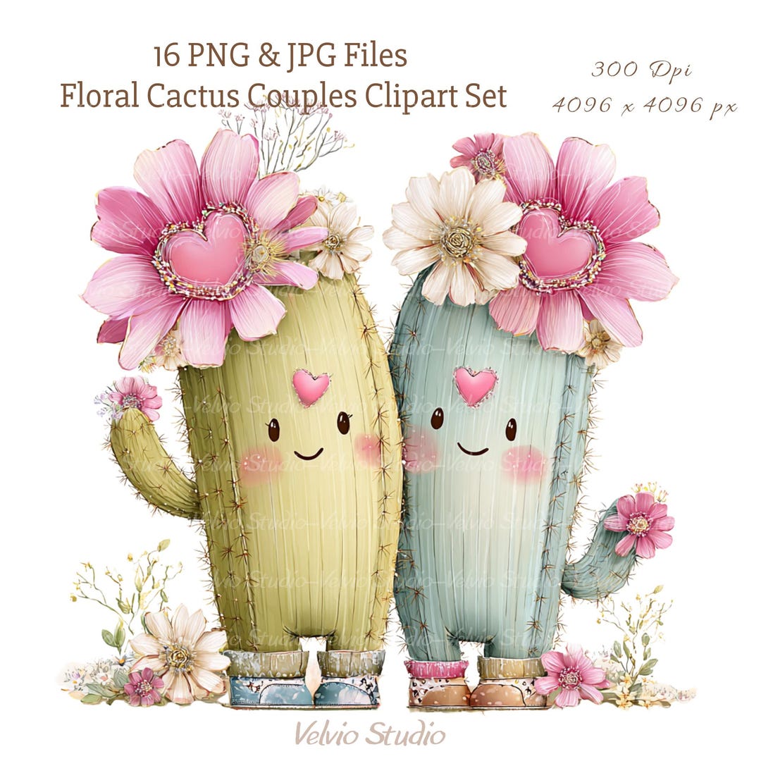 Valentine Cactus Couples Clipart: Floral Illustrations, 16 PNG & JPG ...