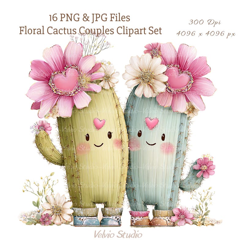 Valentine Cactus Couples Clipart: Floral Illustrations, 16 PNG & JPG ...