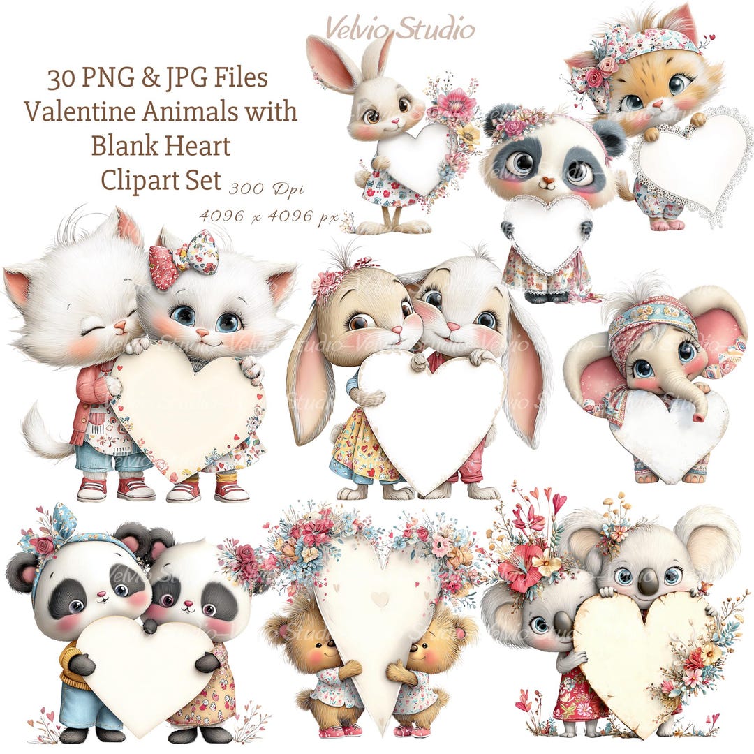 Valentine Animals With Heart Sign Clipart: 30 PNG & JPG Files (digital ...