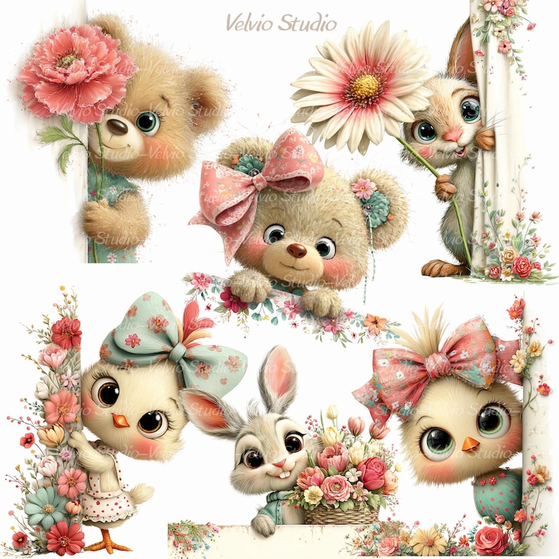 Spring Peeking Animals Clipart Set: Floral Illustrations, 30 PNG & JPG ...