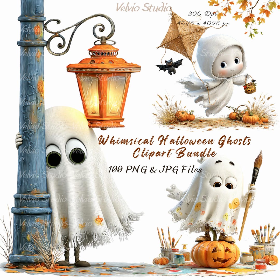 Whimsical Ghosts Clipart Bundle: Halloween Illustrations, 100 PNG & JPG ...