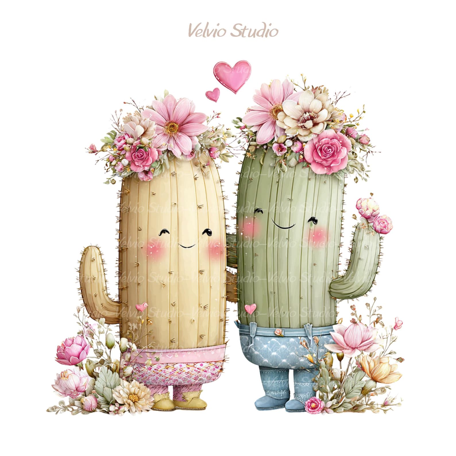 Valentine Cactus Couples Clipart: Floral Illustrations, 16 PNG & JPG ...