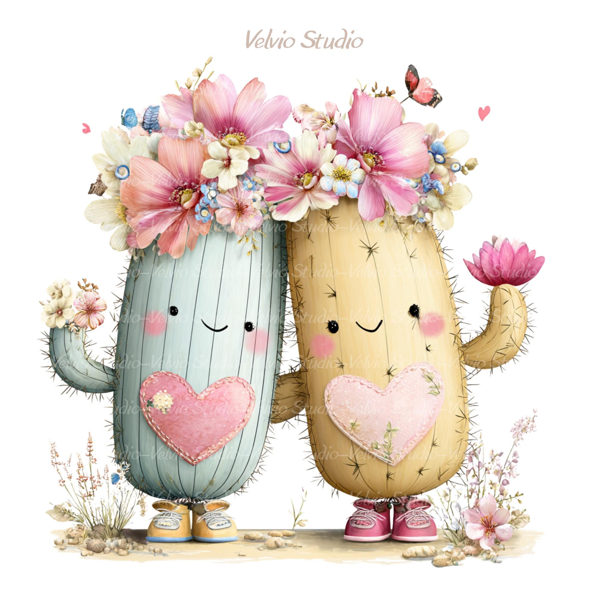 Valentine Cactus Couples Clipart: Floral Illustrations, 16 PNG & JPG ...