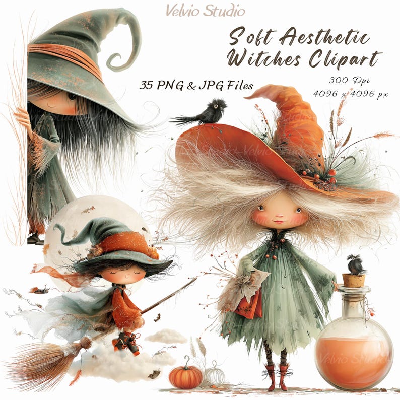 Halloween Witches Clipart: Soft Illustrations (35 PNG/JPG Files) - Etsy ...